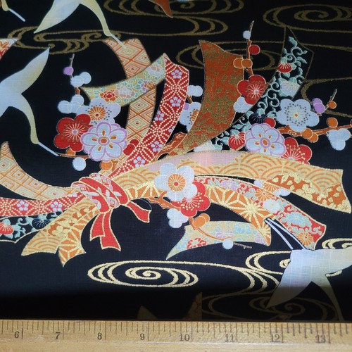 White Cranes Flying Above Noshi Ribbon Bundles on Black Japanese Cotton ...