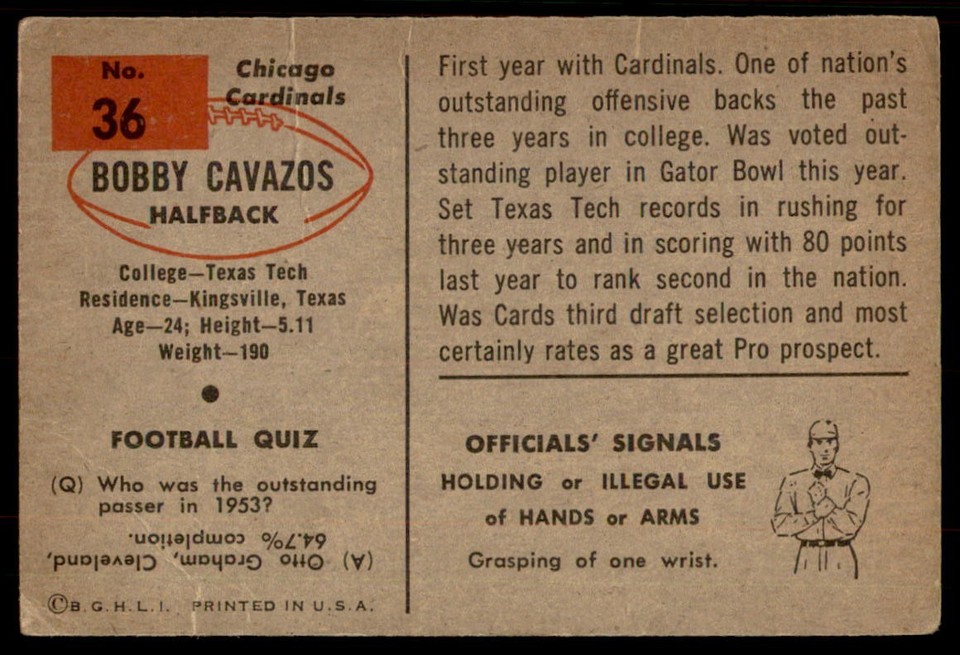 1954 Bowman #36 BOBBY CAVAZOS Chicago Cardinals VG-VG+ (Tiny Wrinkles ...
