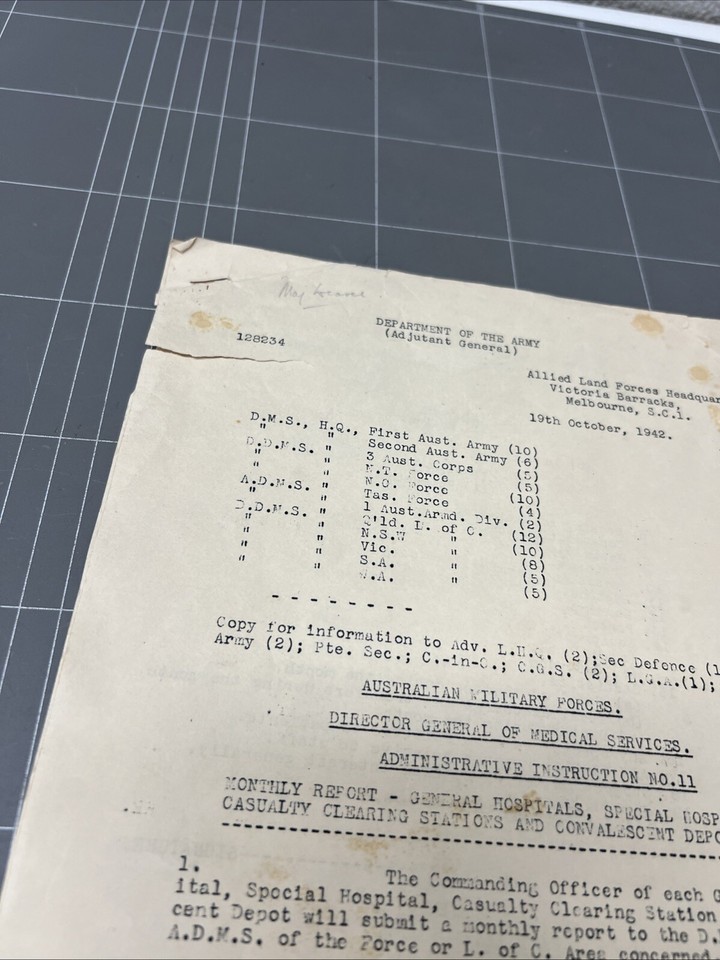 VINTAGE DOCUMENT DEPT OF THE ARMY VICTORIA BARRACKS 1942 ALLIED FORCES ...