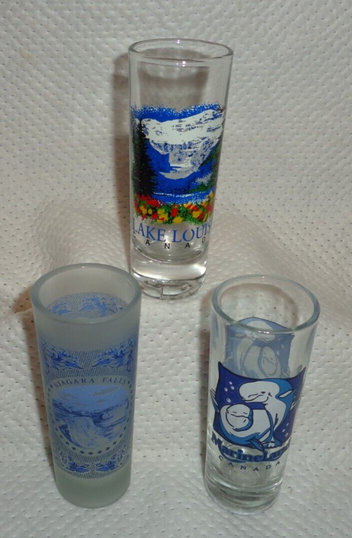CANADA--3 TALL SHOT GLASSES--LAKE LOUISE--MARINELAND--NIAGARA FALLS ...