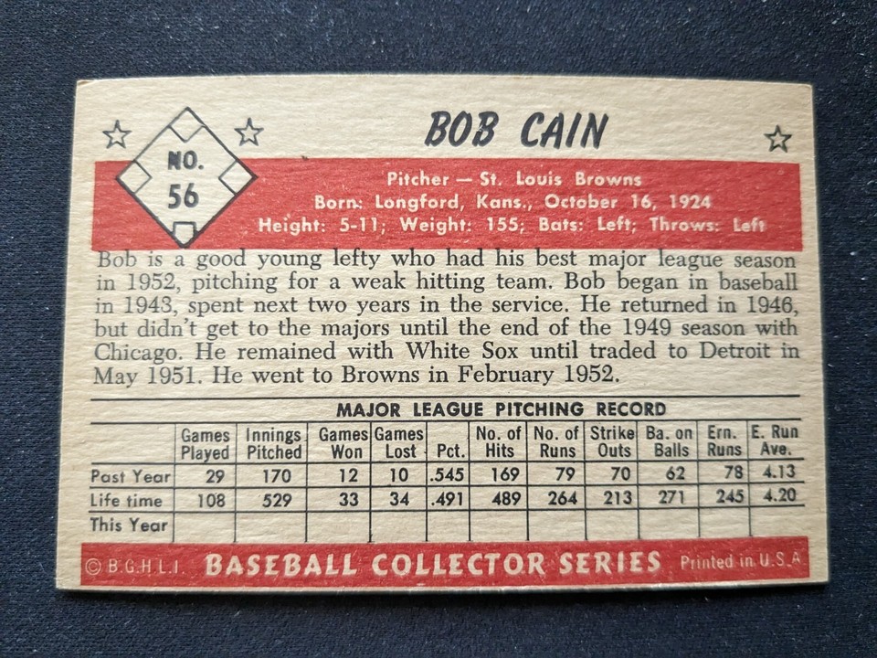 1953 Bowman Color Baseball Card # 56 Bob Cain - St. Louis Browns (VG/EX ...