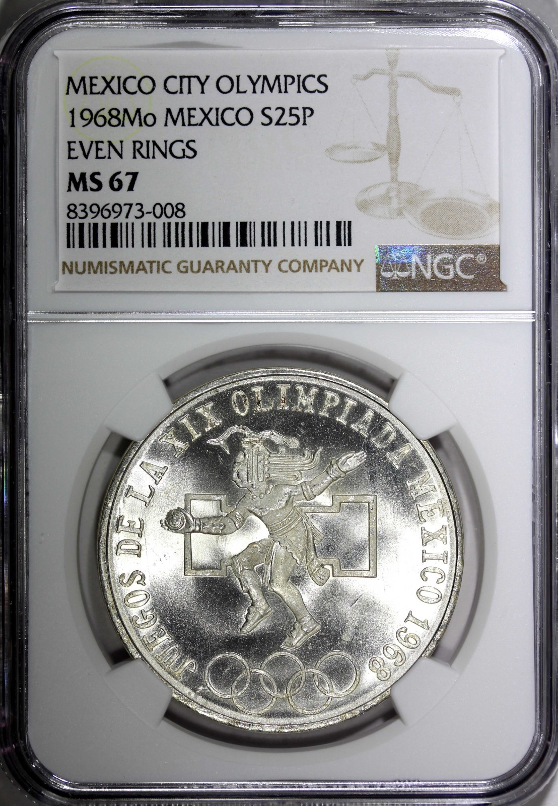 MEXICO Silver 1968 Mo 25 Pesos NGC MS67 Olympic Games Even Rings KM ...