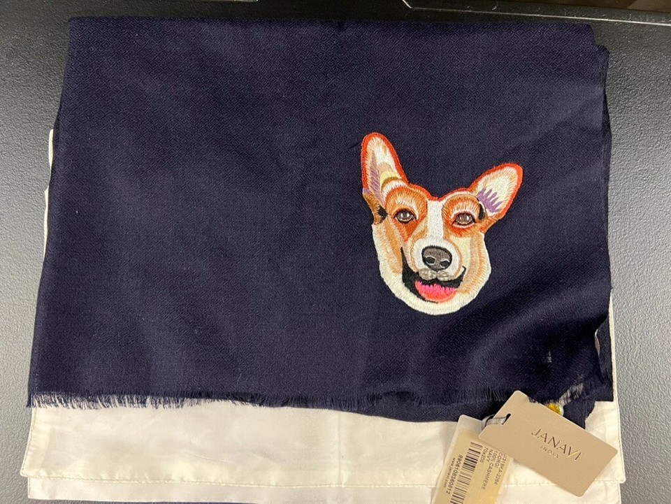 K Janavi Women's Navy Corgi Embroidered Cashmere Scarf Shawl 70x200 ...