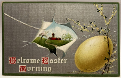 Welcome Easter Morning, Yellow Egg, Silver Background, Vintage Postcard ...