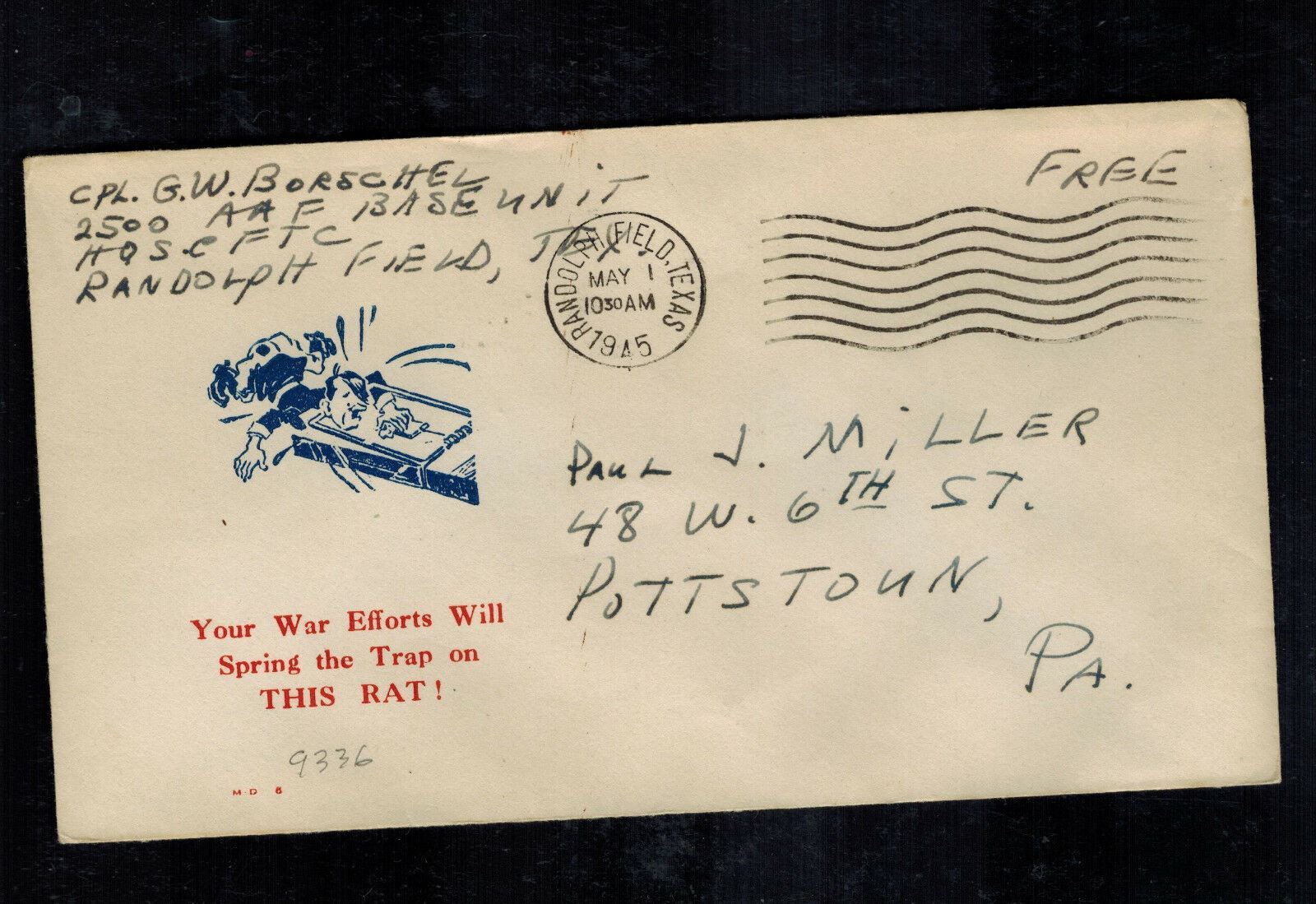 1945 Randolph Field TX AAF USA Patriotic Cover Free Mail Hitler in rat ...