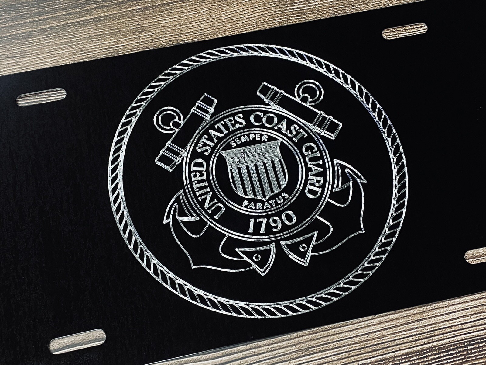ENGRAVED US Coast Guard USCG Car Tag Diamond Etched Black Metal License ...