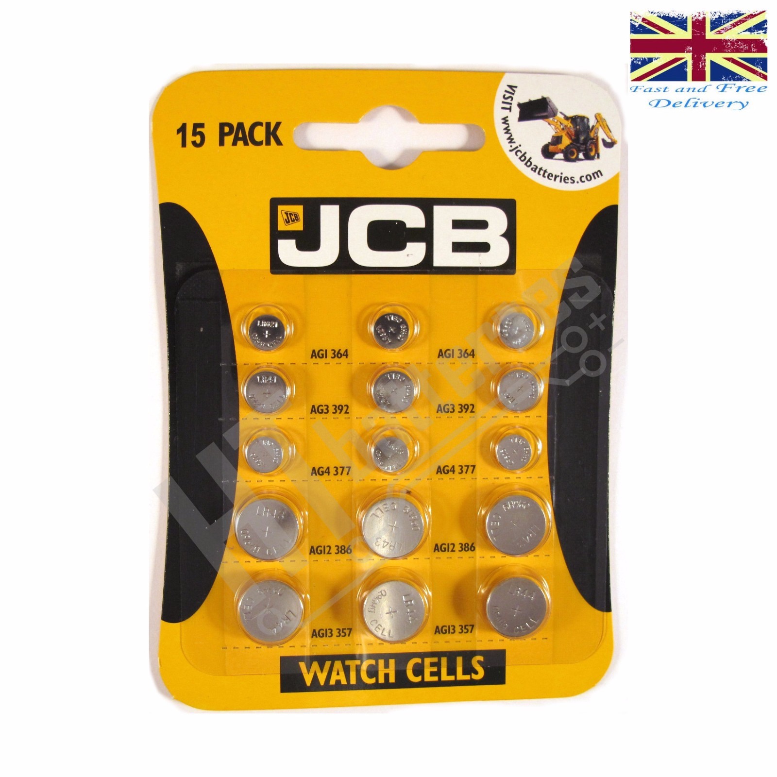 JCB Watch Batteries 15 Mixed Pack 3 each AG1 364 AG3 392 AG4 377 G12 ...