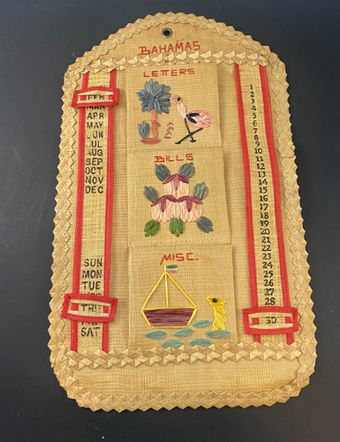 VTG Bahamas Perpetual Hanging Calendar Straw & Raffia Hanging Organizer ...