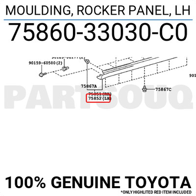 7586033030C0 Genuine Toyota MOULDING, ROCKER PANEL, LH 75860-33030-C0 ...