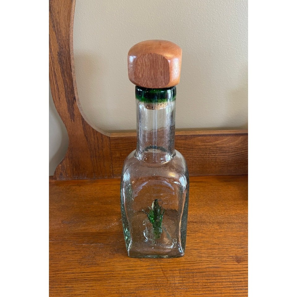 Casta Green Hand Blown Tequilla Bottle w/ Glass Agave Inside & Wood ...