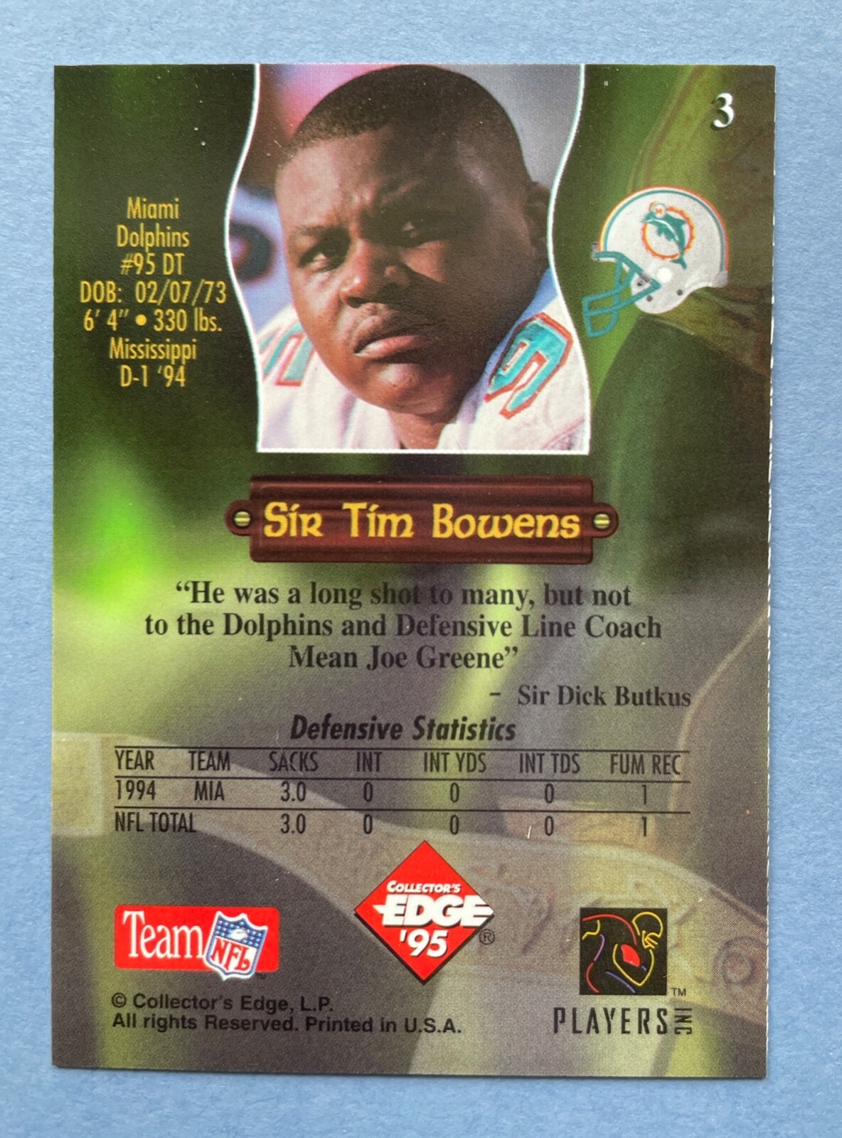 1995 Collector's Edge Excalibur Rookie Roundtable Tim Bowens #3 Miami ...