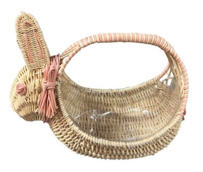 Vtg Bunny Rabbit Shaped Wicker Basket Pink Accent Liner Light Color ...