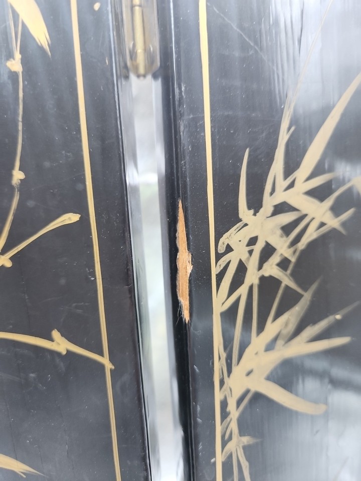 Black Lacquer W/Mother Of Pearl Table Top Folding Screen Floral & Birds ...