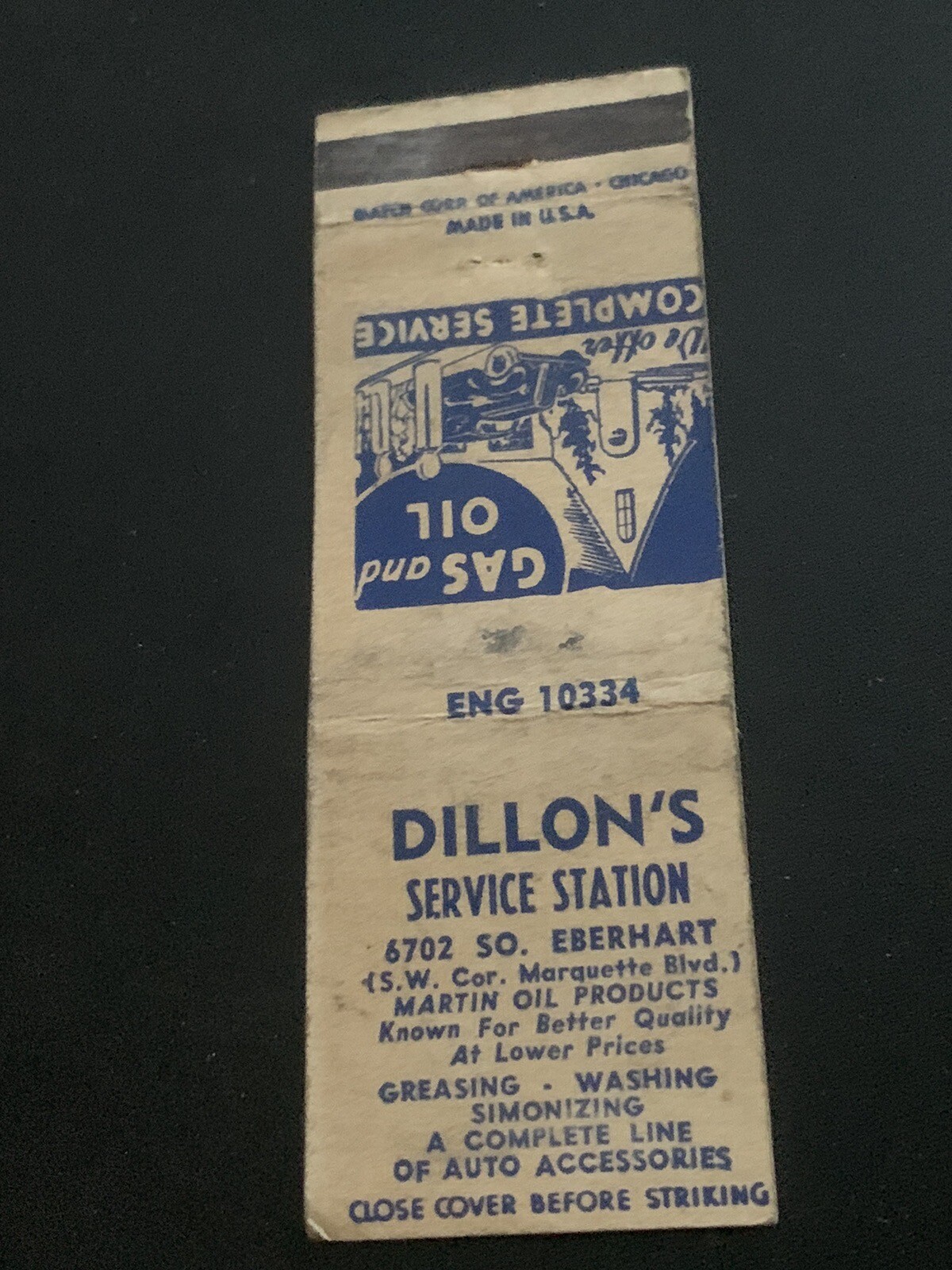 Vintage Matchbook: “Dillon’s Service Station - Martin Gas & Oil ...