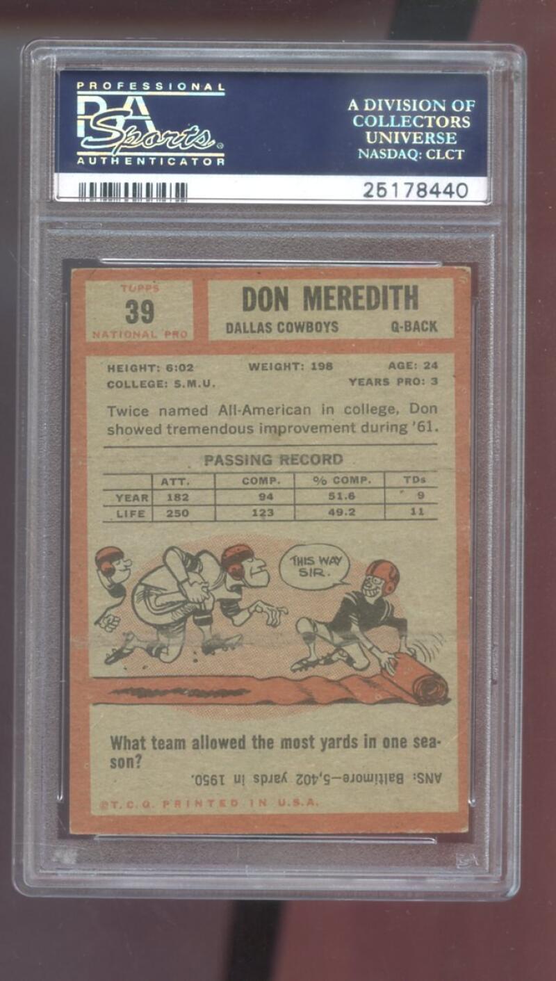 1962 Topps #39 Don Meredith PSA AA Graded Football Card NFL Dallas ...