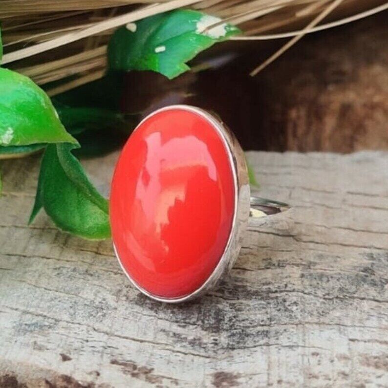 Coral Gemstone Ring 925 Sterling Silver Handmade Bohemian Ring All Size ...