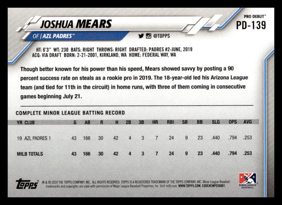 2020 Topps Pro Debut Joshua Mears PD-139 AZL Padres | eBay