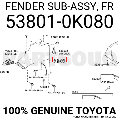 538010K080 Genuine Toyota FENDER SUB-ASSY, FR 53801-0K080 | eBay
