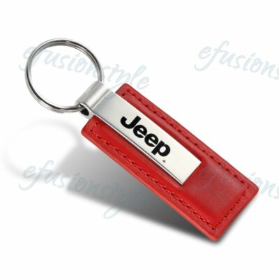 For Jeep Logo Rectangle Red Leather Chrome Key Fob Keyring Keychain Tag ...
