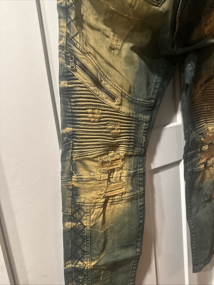 Elite Premium Denim Men's Yellow tint Washed Distressed Ribbed Jeans ...