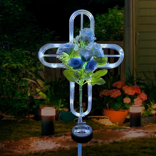 Solar Cross Garden Stake Lights, Cemetery Decorations for Grave Outdoor ...