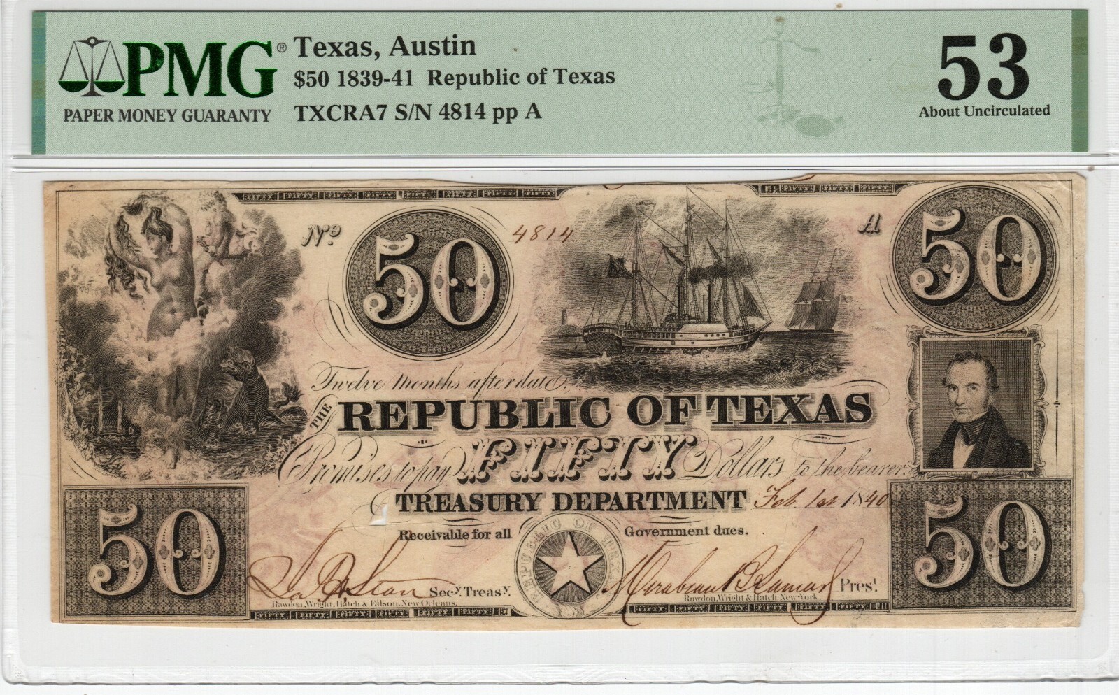 TX CRA7 1840 $50 Texas Republic Paper Money - PMG About Unc 53 - rare ...