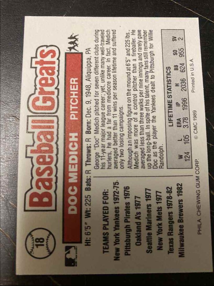 1989 SWELL BASEBALL GREATS 150 CARDS DOC MEDICH TEXAS RANGERS | eBay