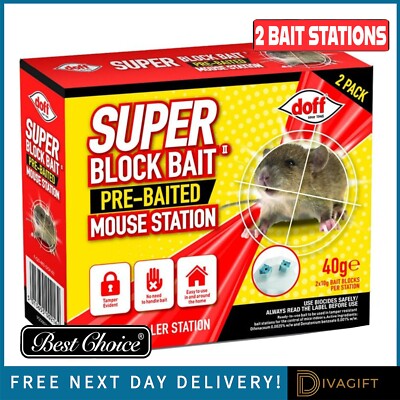 MOUSE STATION 2 X 20G MOUSE KILLER POISON SUPER BLOCK BAIT NEW DOFF PRE ...