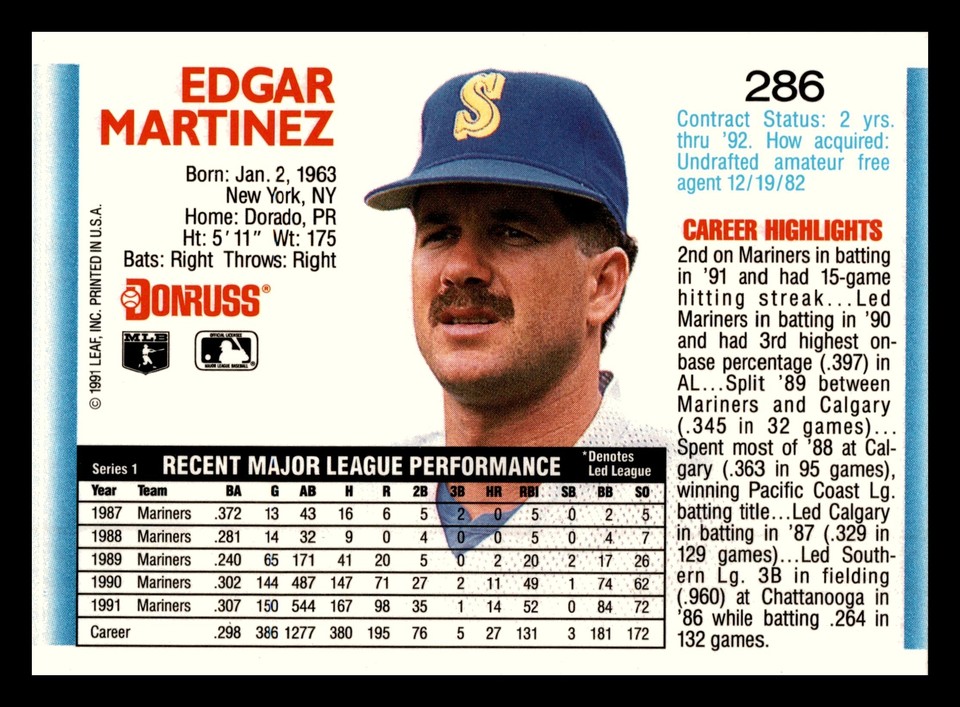 1992 Donruss Edgar Martinez #286a HOF Seattle Mariners Mint | eBay
