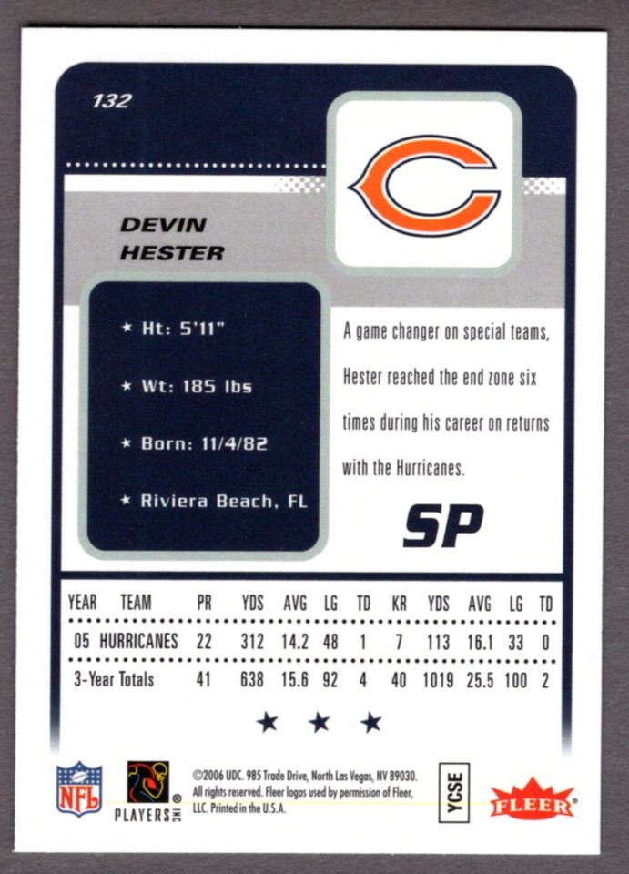 2006 FLEER FUTURES DEVIN HESTER ROOKIE CARD #132 **NM-MT** CHICAGO ...