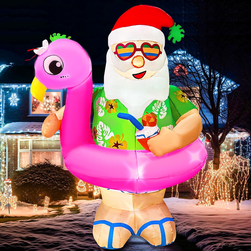 BLOWOUT FUN 8FT Tall Christmas Inflatables Hawaiian Santa with Flamingo ...