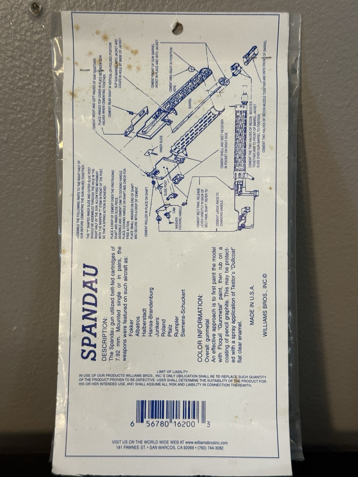 Vintage Williams Bros German Spandau Machine Gun Model Kit #162 2 ...