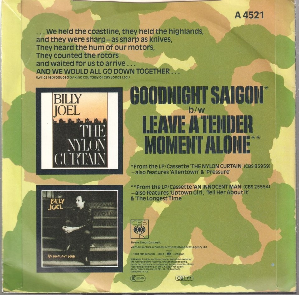Billy Joel Goodnight Saigon 7" vinyl UK Cbs 1983 Orange injection label ...