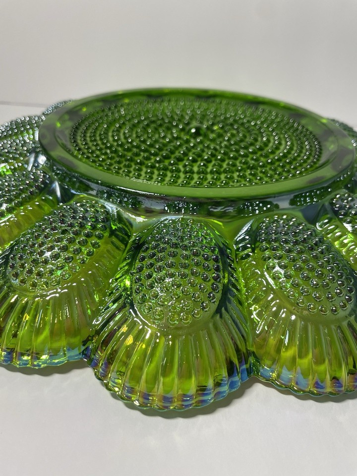 Vtg Indiana Carnival Glass Deviled Egg Plate Server Green Iridescent ...