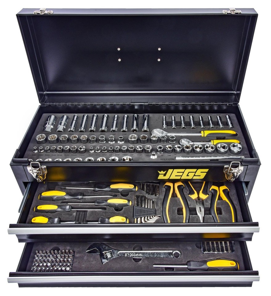 JEGS 85325 170-Piece Mechanic's Tool Box Set Black Powdercoated Steel ...