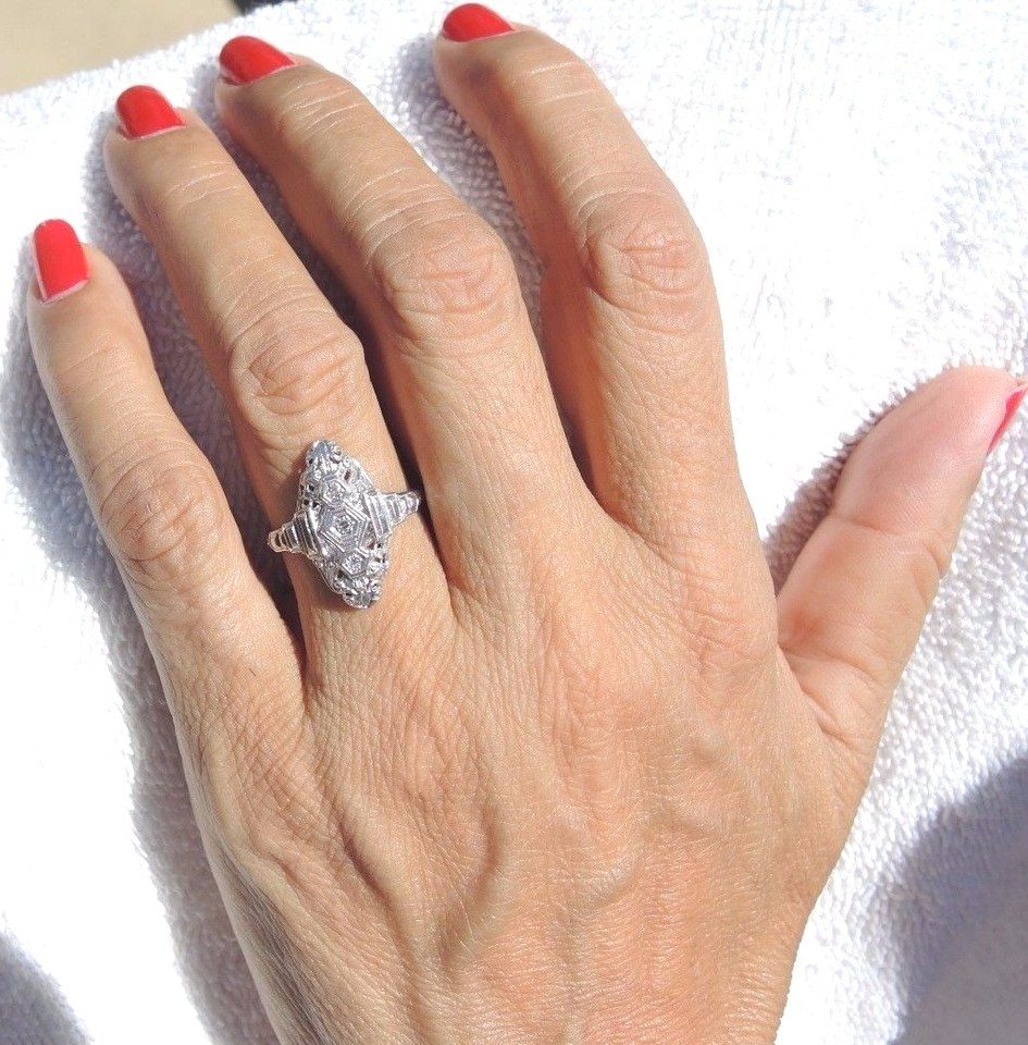 Antique Art Deco Diamond Engagement Dinner Ring 17K White Gold Size 7 ...