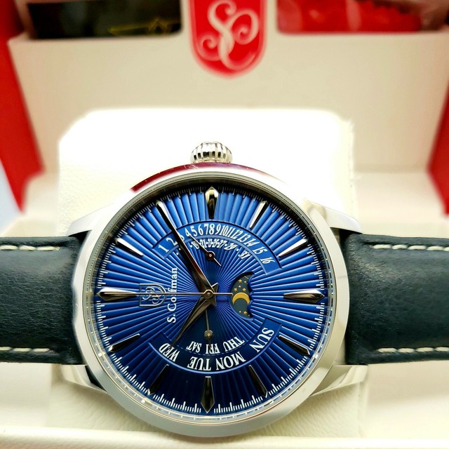 Invicta S. Coifman Men's 44mm Quartz Moon Phase Blue Dial Blue Leather ...