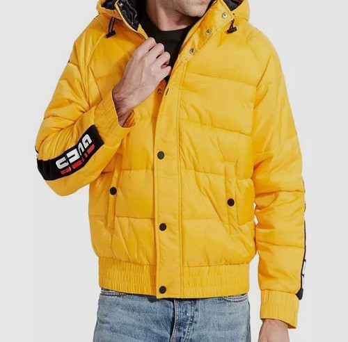 $225 Guess Mens Yellow Hooded Puffer Warm Winter Zip Logo Bomber Jacket ...