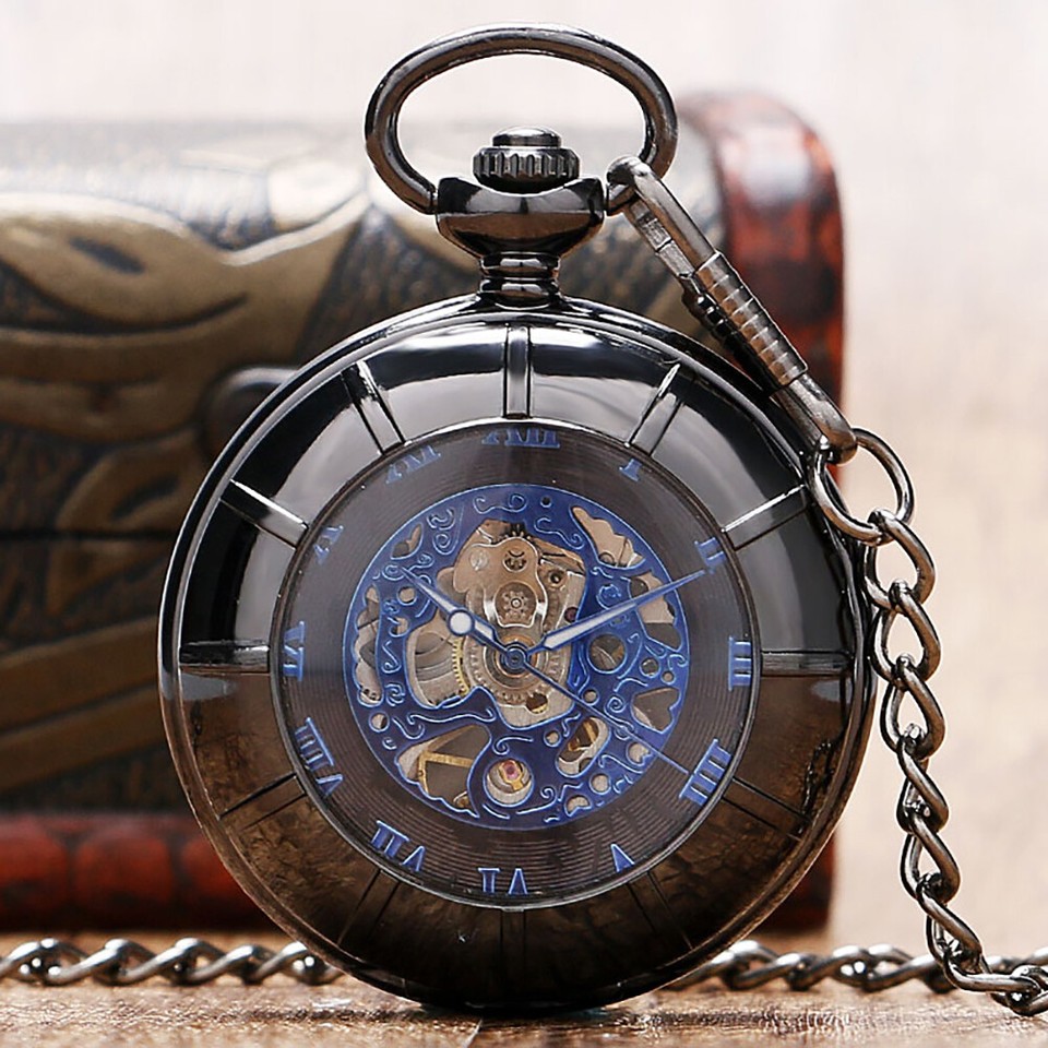 Men's Pocket Watch Mechanical Black Case Pendant Chain Hand-winding ...