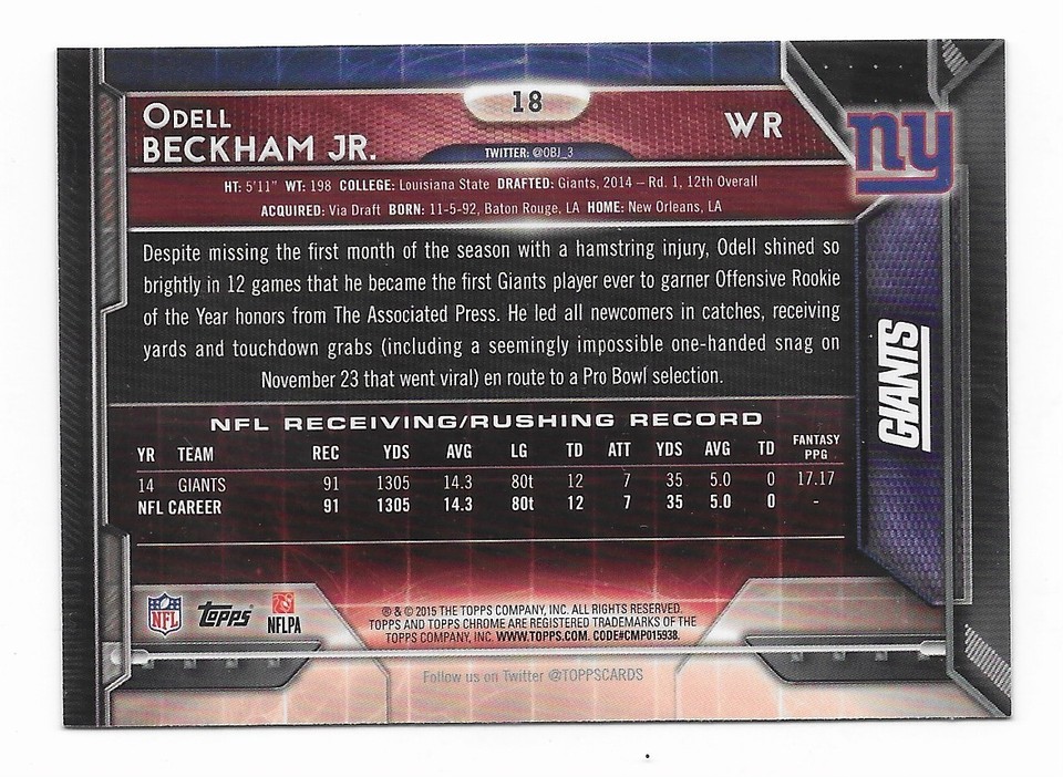 Odell Beckham Jr 2015 Topps Chrome "The Catch" Football Card New York ...