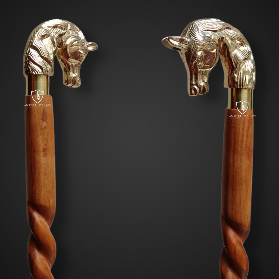 Horse Head Handle Brass Vintage Working Wooden Walking Stick Cane Gift ...