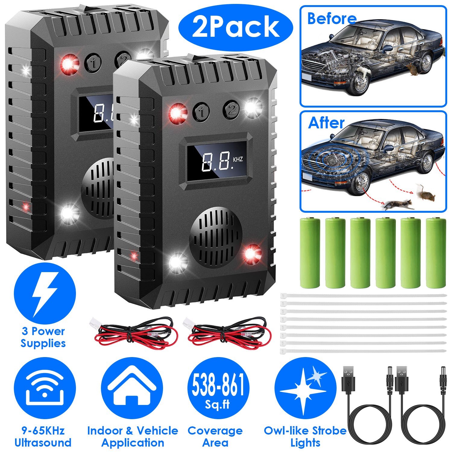2 Ultrasonic Rodent Chaser Car Rat Mouse Repellent Rechargeable Battery ...