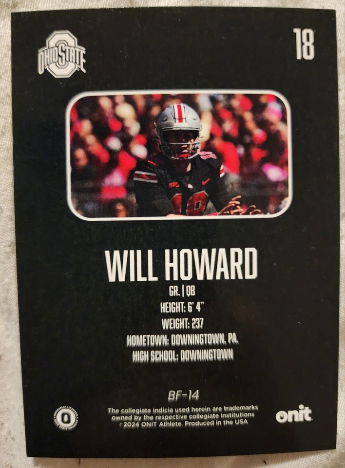 Will Howard 2024 ONIT Whiteout Silver Ohio State Buckeyes Football Card ...