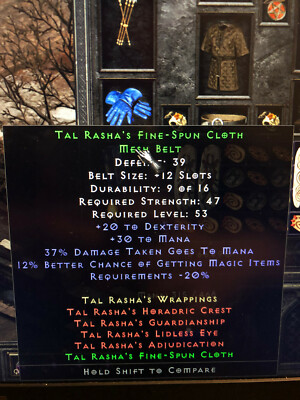 DIABLO 2: RESURRECTED Tal Rasha's Fine Spun Cloth, set mesh belt PC SC ...