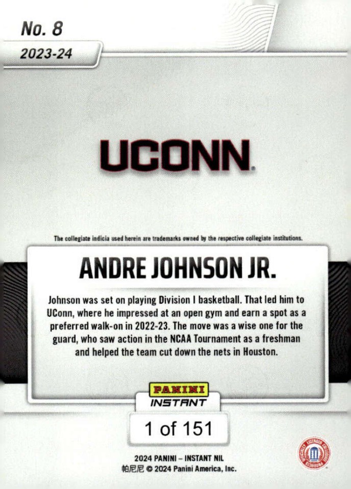ANDRE JOHNSON JR RC 2024 Panini Instant NIL Pre-ROOKIE #8 PR:151 UCONN ...