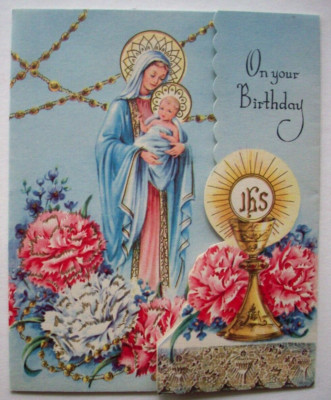 Madonna Mary carnations rosary embossed vintage Birthday greeting card ...