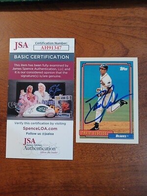 DAVID JUSTICE 1992 Topps # 80 autographed signed card ATLANTA BRAVES 92 ...