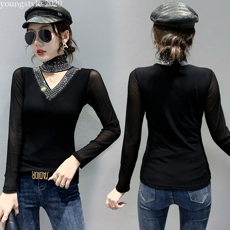 Women Sexy Rhinestone Mesh Sheer Mock Neck Party Club Slim Tops ...