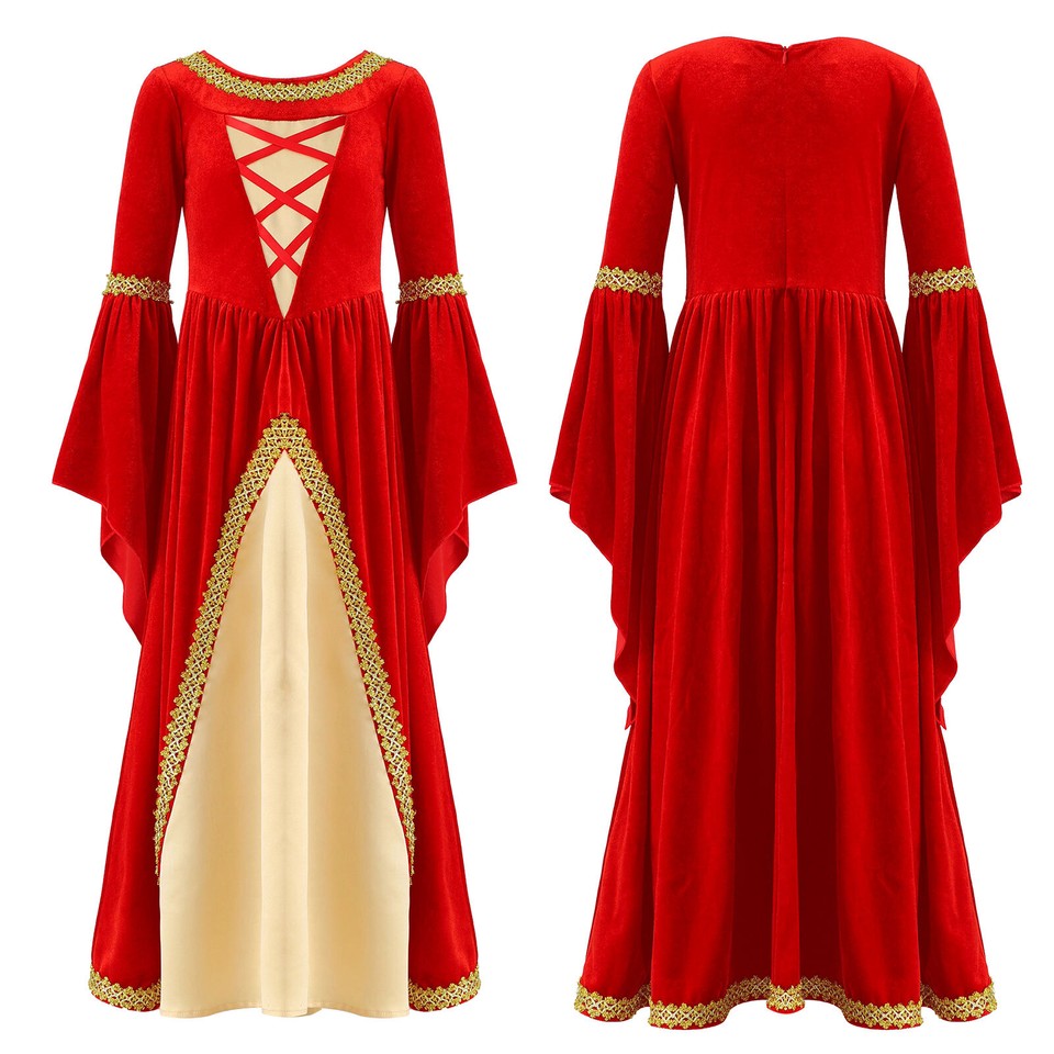 Kids Girls Medieval Costume Flared Sleeve Renaissance Dress Royal ...