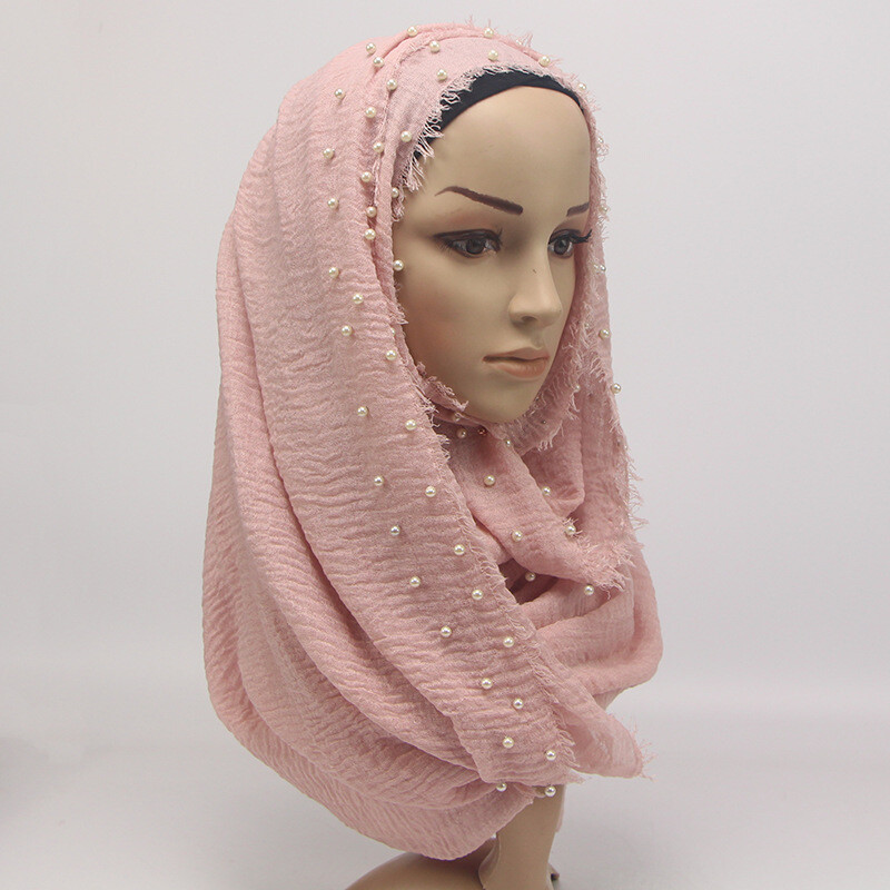 55 Colors Women Cotton Scarf Wrinkled Beaded Shawls Muslim Crinkle Head ...